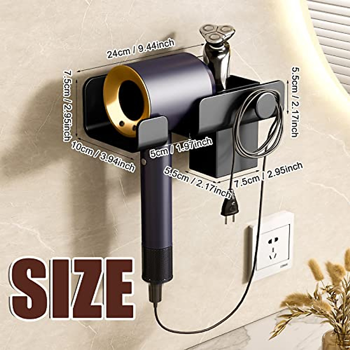 YSTDHL Hair Dryer Holder Wall Mounted, Stainless Steel Self Adhesive Blow Dryer Holder Rack, Space Saving Storage Stand, Compatible with Multiple Sizes of Hair Dryers (Black)