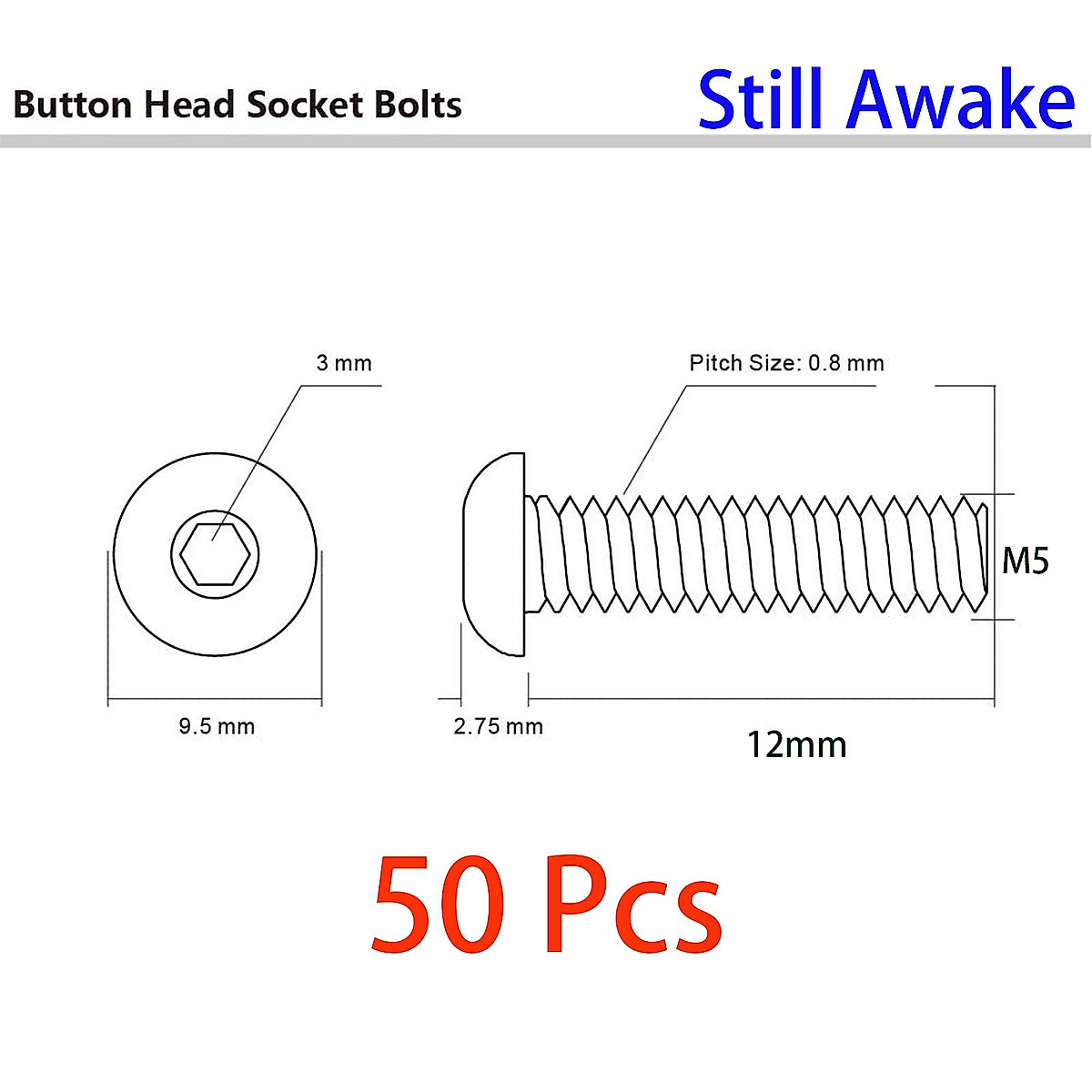 50 Pcs M5-0.8 x 12mm Button Head Socket Cap Screws, 10.9 Grade Alloy Steel, Allen Socket Drive, Black Oxide Finish, Full Thread (10.9 Grade,M5-0.8 x 12mm,50 Pcs)
