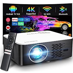 4K Support Android TV 10.0 Projector 5G WiFi Bluetooth Native 1080P, CIBEST Full-Sealed Optical Engine Home Movie FHD Projector with Netflix/Prime Video Built-in, 8000+ Apps, Autofocus, Stereo Sound