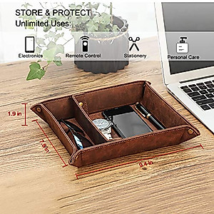 SITHON Valet Tray Desktop Storage Organizer – Removable 2 Compartments Catchall Tray Bedside Vanity Tray Nightstand Caddy Holder Desk Storage Plate for Remote Controller, Keys, Phone, Jewelry, Brown