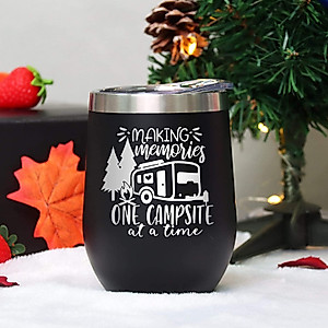 Joyloce Camper Wine Tumbler Coffee Mug, Camping Gifts Cup Stemless Tumblers with Lid Stainless Steel Insulated Vacuum 12 Oz, Gifts for Camping Lover RV Gifts, Making Memories One Campsite At A Time