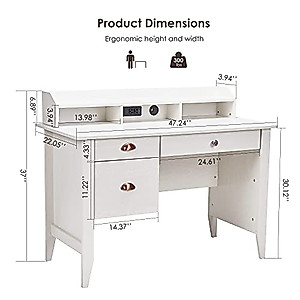 Computer Desk with 3 Storage Drawers and USB Port, Wood Frame Home Office Desk with Large Desktop Surface, Vintage Executive Desk Writing Study Table with Hutch Shelf, Oak White