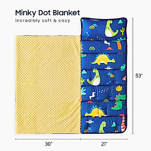 Wake In Cloud - Toddler Nap Mat with Pillow and Minky Fleece Blanket, for Kids Boys Girls in Daycare Preschool Kindergarten, Roll Up Sleeping Bag, Dinosaur Navy Blue, Standard Size