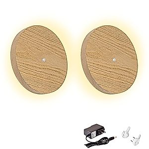 SKIVTGLAMP Nature Wood Wall Sconce Rechargeable Battery Operated LED PIP Motion IR Sensor Wall Lamp, No Drilling Cordless Farmhouse Wall Mounted for Rustic House Number Customizable Circular