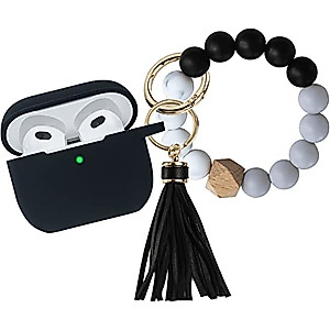 Wonjury Case for Airpods 3 (Not Fit Pro), Silicone Beaded Wristlet Apple Airpod 3 Cover for Girl Women, Skin for 2021 Apple Air Pod 3 Wireless Charging Case with Bracelet Keychain - Black