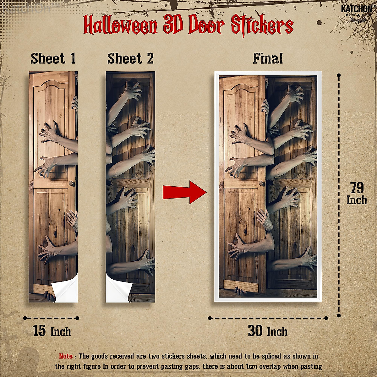 KatchOn, 3D Halloween Door Stickers - 79x30 Inch | Halloween Door Decorations, Halloween Door Decals for Halloween Decorations Door | Halloween Front Door Stickers for Halloween Party Decorations