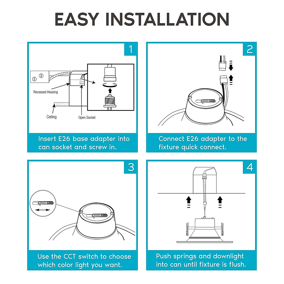 LUXRITE 5/6 Inch LED Recessed Retrofit Downlight, 14W=90W, CCT Color Selectable 2700K | 3000K | 3500K | 4000K | 5000K, Dimmable Can Light, 1100 Lumens, Wet Rated, Energy Star, Baffle Trim (4 Pack)