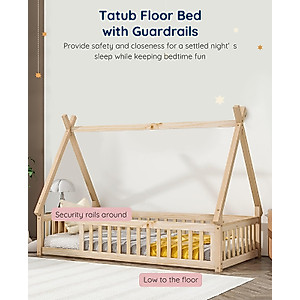 Tatub Twin Montessori Floor Bed Frame with Railings and Roof, Montessori House Bed for Kids, Wood Tent Floor Bed, Montessori Teepee Bed for Girls and Boys, Nature
