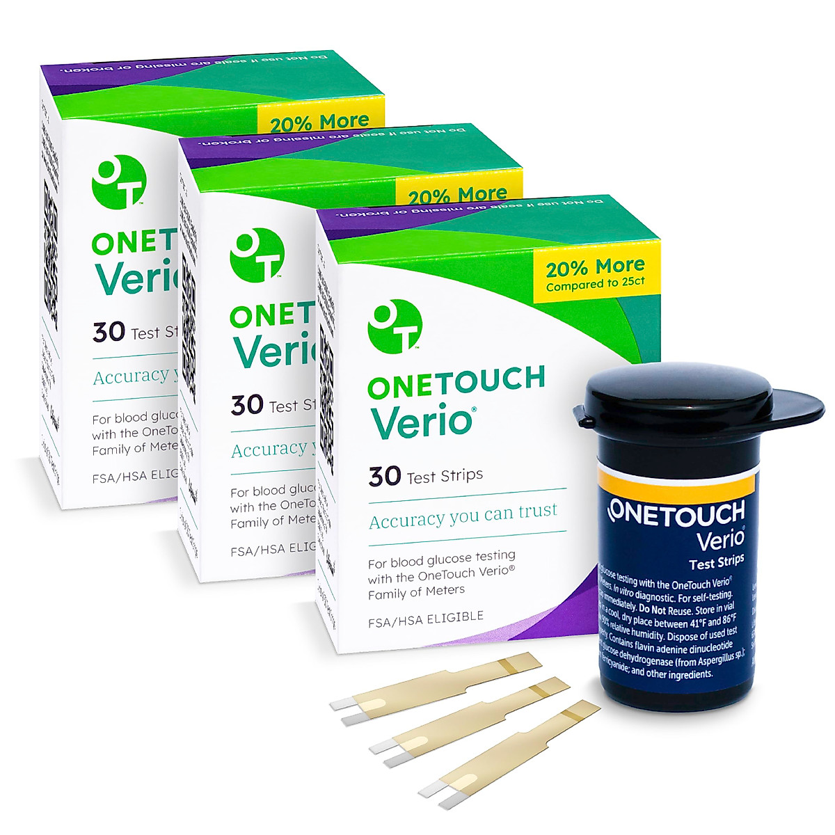 OneTouch Verio Test Strips for Diabetes Value Pack - 90 Count | Diabetic Test Strips for Blood Sugar Monitor | Home Self Glucose Testing | 3 Boxes, 30 Test Strips Per Pack