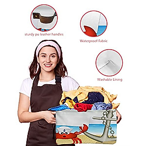 Storage Bins, Ocean Beach Crab Nautical Anchor Storage Baskets for Organizing Closet Shelves Clothes Decorative Fabric Baskets Large Storage Cubes with Handles