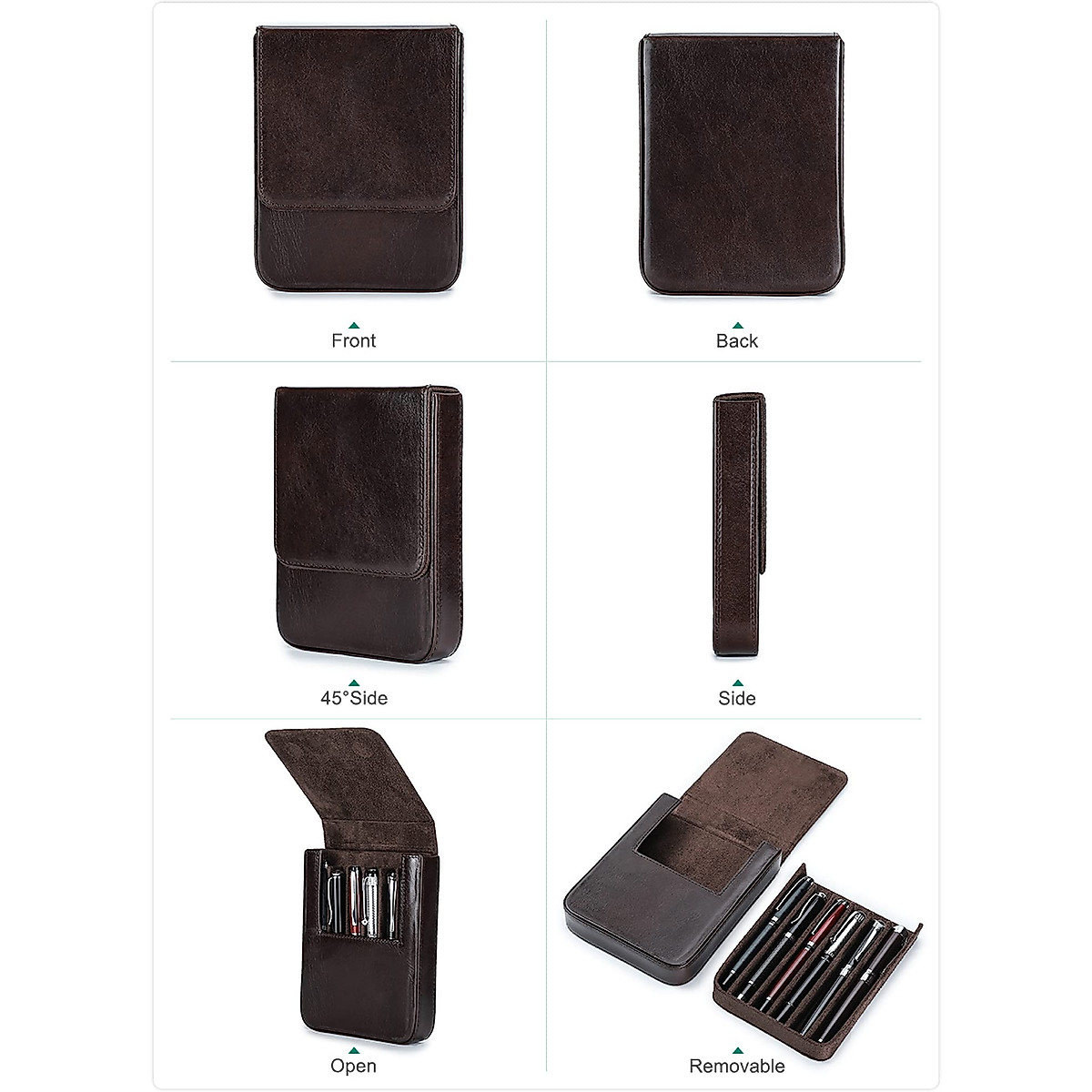 CataPurus Top Grain Genuine Leather 6 Pencil/Pen Tray Case Organizer, Fashion Design No Logo, Handmade, Magnetic Closure with Drawer Design, Gift Choice for Man/Woman/Office, Glossy Coffee, 6 Slots