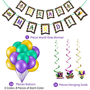 43 Pieces Mardi Gras Hanging Decorations Kit Included New Orleans Pennant Banner 18 Pieces Mardi Gras Hanging Swirls and 24 Pieces Mardi Gras Latex Balloons for Mardi Gras Party Decorations Supplies