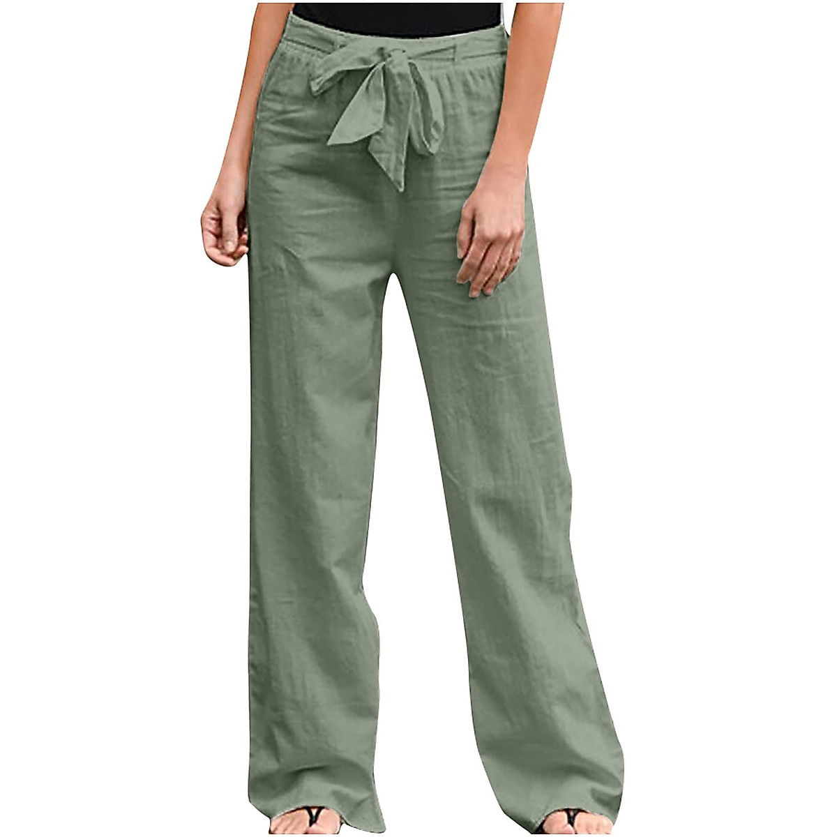 Bravetoshop Women's Cotton Linen Pants Wide Leg Palazzo Lounge Pants with Pockets High Rise Casual Loose Trousers Pants (Green,XXXXL)