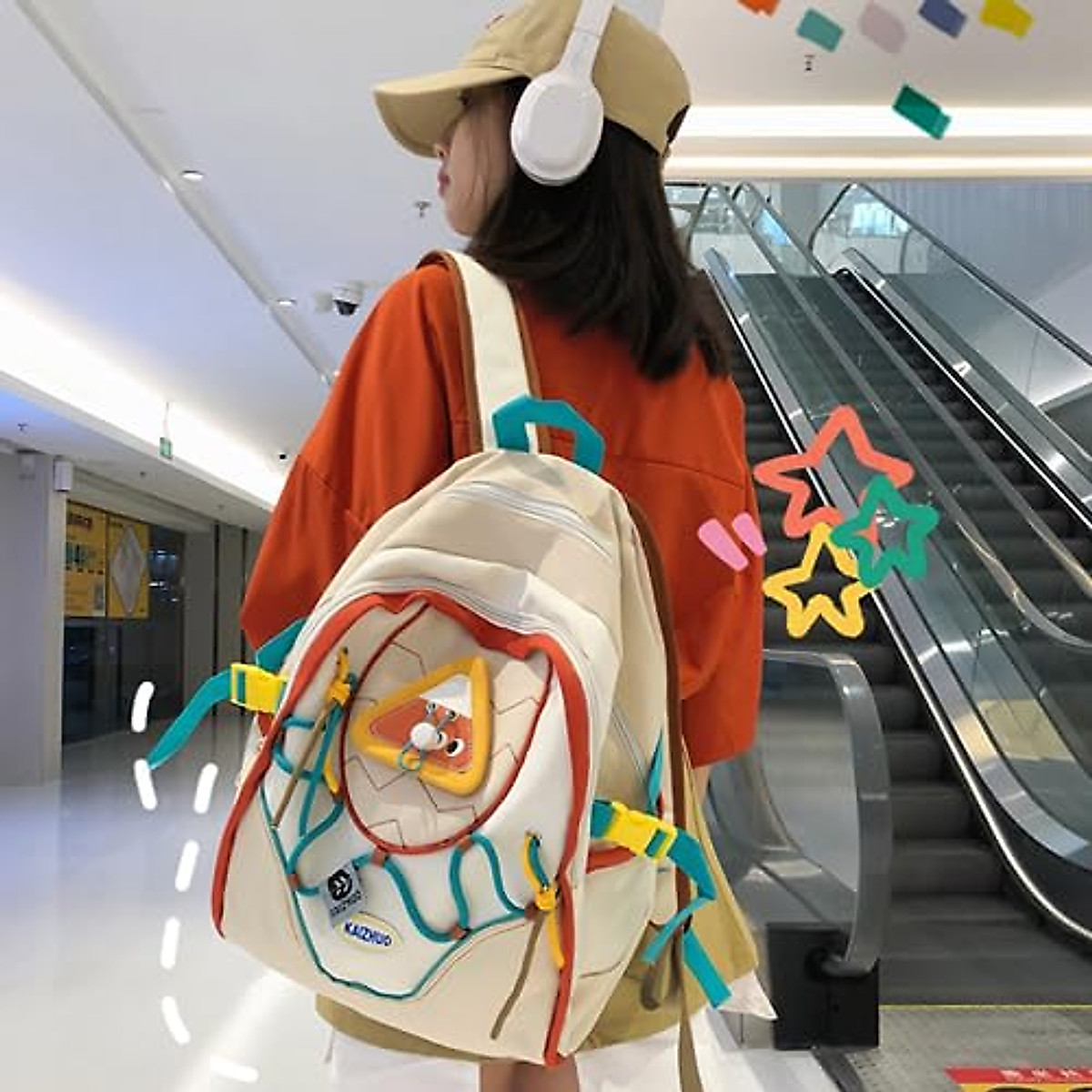 Kawaii Backpack Aesthetic Backpack Backpacks with Cute Pendant, Adorable Shoulder Bag (Khaki)
