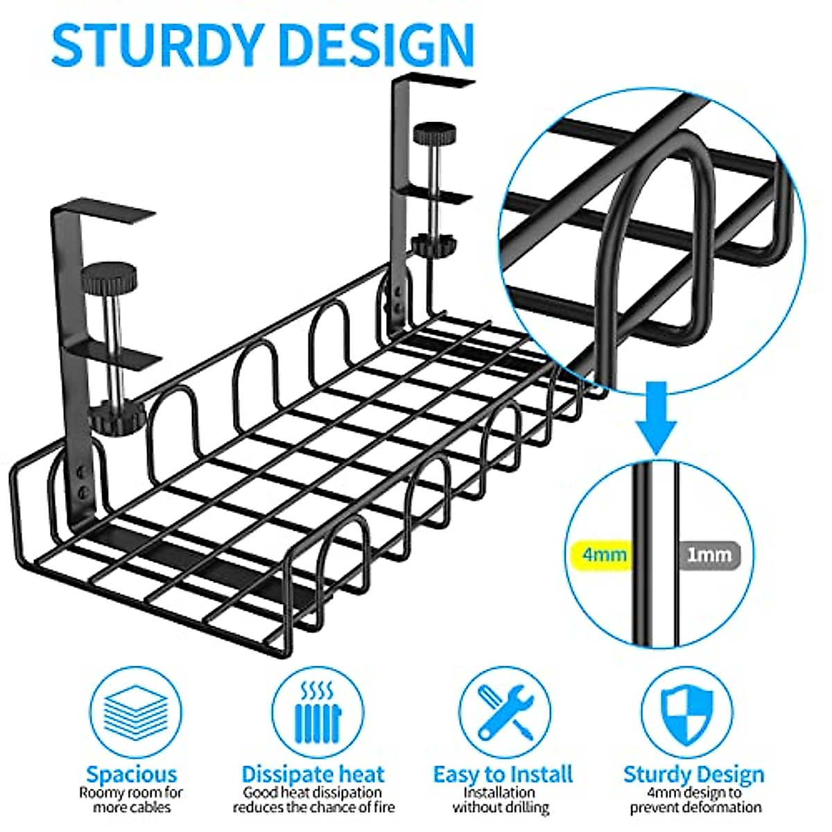 Under Desk Cable Management Tray - 15.7in 2Packs Metal Under Desk Wire Management, High Capacity Adjustable and Removable Cable Management Organizers Holder, No Drill & No Damage, for Office, Kitchens
