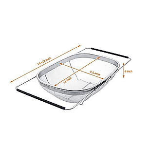 Over the Sink Colander Strainer Basket with Rubber Grip, 6 Quart Stainless Steel Vegtable Fruit Colanders Strainers with Steady Base, Expandable Metal Strainer for Kitchen Sink