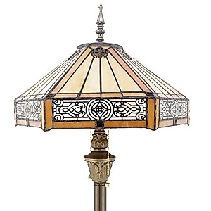 WERFACTORY Tiffany Floor Lamp Yellow Hexagon Stained Glass Mission Standing Reading Light 16X16X64 Inches Antique Pole Corner Lamp Decor Bedroom Living Room Home Office S011 Series
