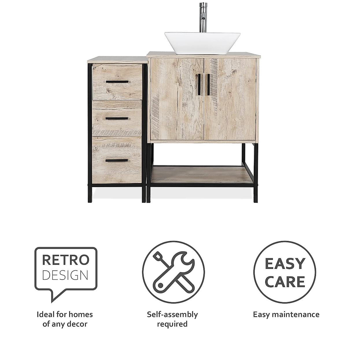 eclife 36" Bathroom Vanity Sink Combo Modern Metal Stand Cabinet W/Bottom Shelf & Storage Side Cabinet White Square Vessel Sink & Water Save Faucet & Pop Up Drain, Oak (A07)