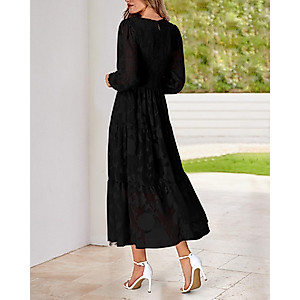 BTFBM Casual Women's 2025 Spring Dresses Elegant Wedding Guest Dress Long Sleeve Floral Midi Dress Flowy Bohemian Long Dress(Black,Small)