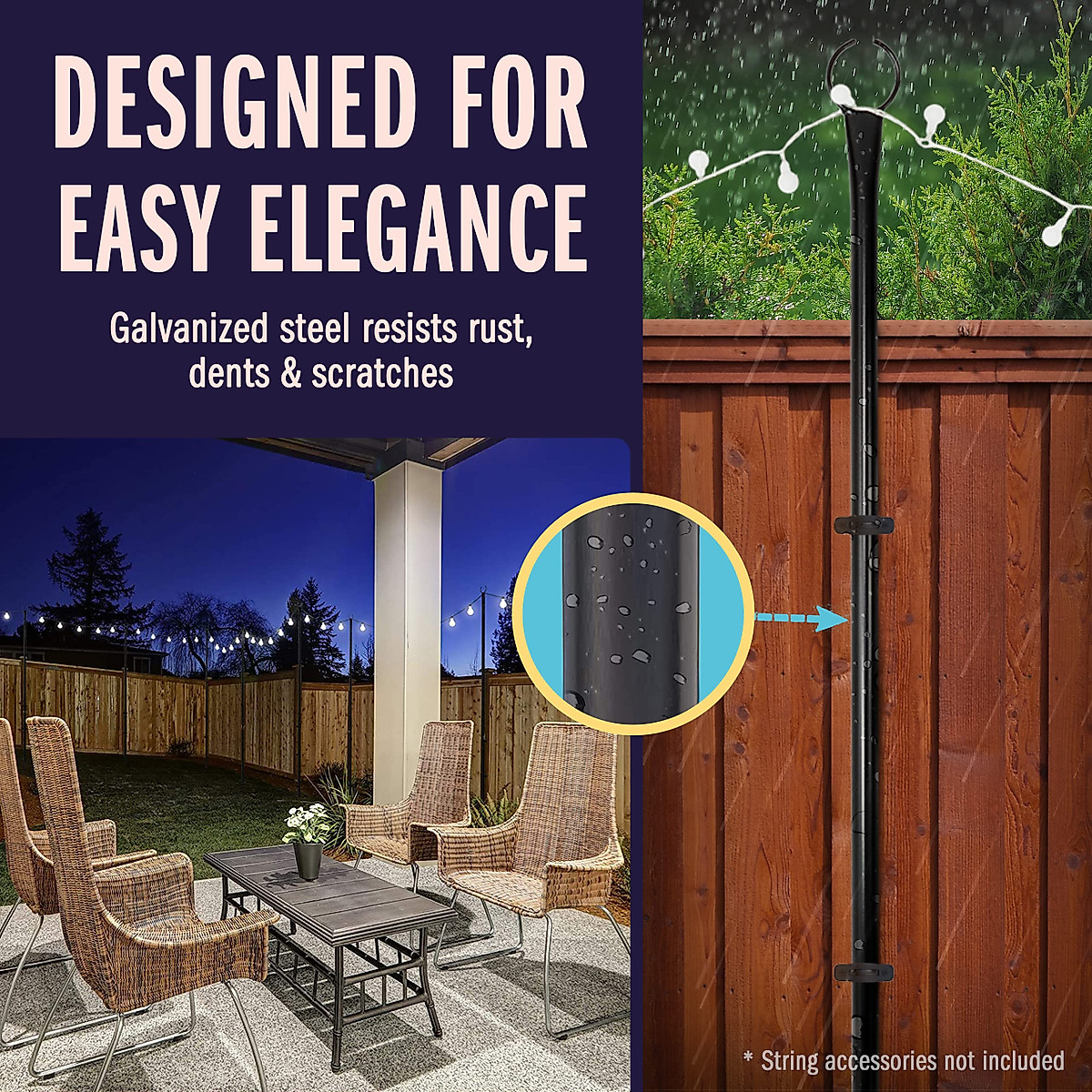 Holiday Styling String Light Poles w/Hooks for Outdoor String Lighting , Metal - Patio Light Accessories Ideal for Backyard, Weddings, and Parties