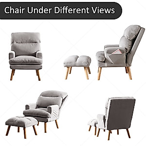 INZOY Accent Chairs with Ottoman, Velvet Fabric Armchair with Ottoman for Bedroom Living Room, Mid Century Modern Chair with Adjustable Backrest and Side Pockets, Grey