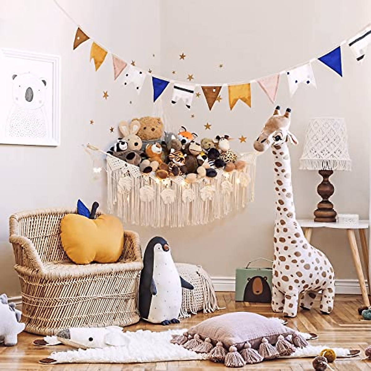 Macrame Stuffed Animal Toy Net Hammock with Star Light, Small Plushies Boho Storage for Nursery Room, Large Corner Wall Hanging Organizer for Kids, Bohemian Woven Decor Display Holder for Girls Boy