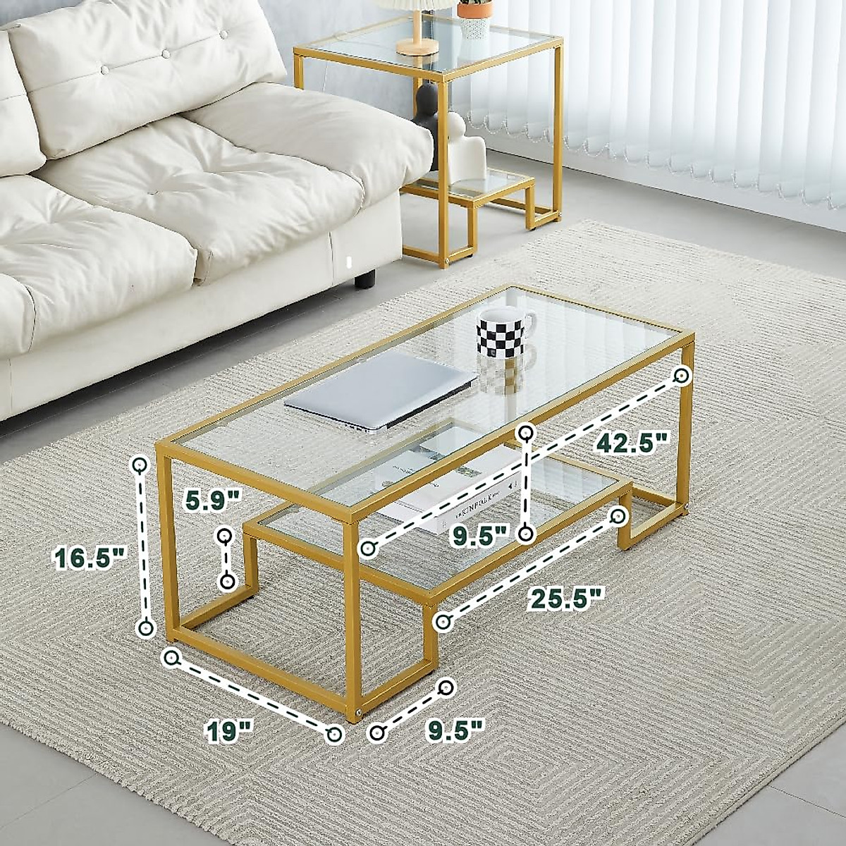Golden Metal Glass Coffee Table - Two-Tiered with Tempered Glass, Stylish Metal Frame Coffee Table for Bedroom, Dining Room, Office Room.