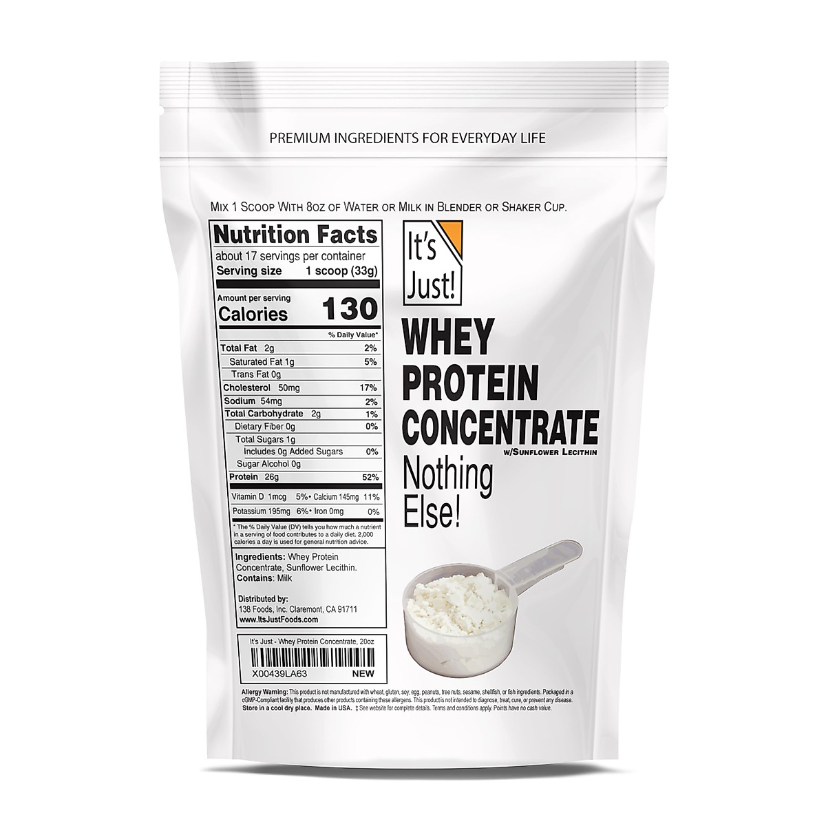 It's Just! - 100% Whey Protein Concentrate, Made in USA, Premium WPC-80, No Added Flavors or Artificial Sweeteners (Original/Unflavored, 20oz)