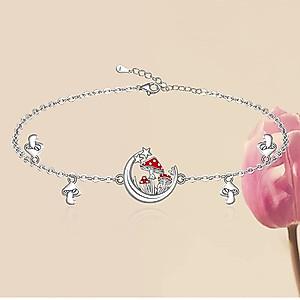 Fenthring Mushroom Bracelet Red Mushroom Moon Bracelet Sterling Silver Link Bracelets for Women Fairy Mushrooms Jewelry