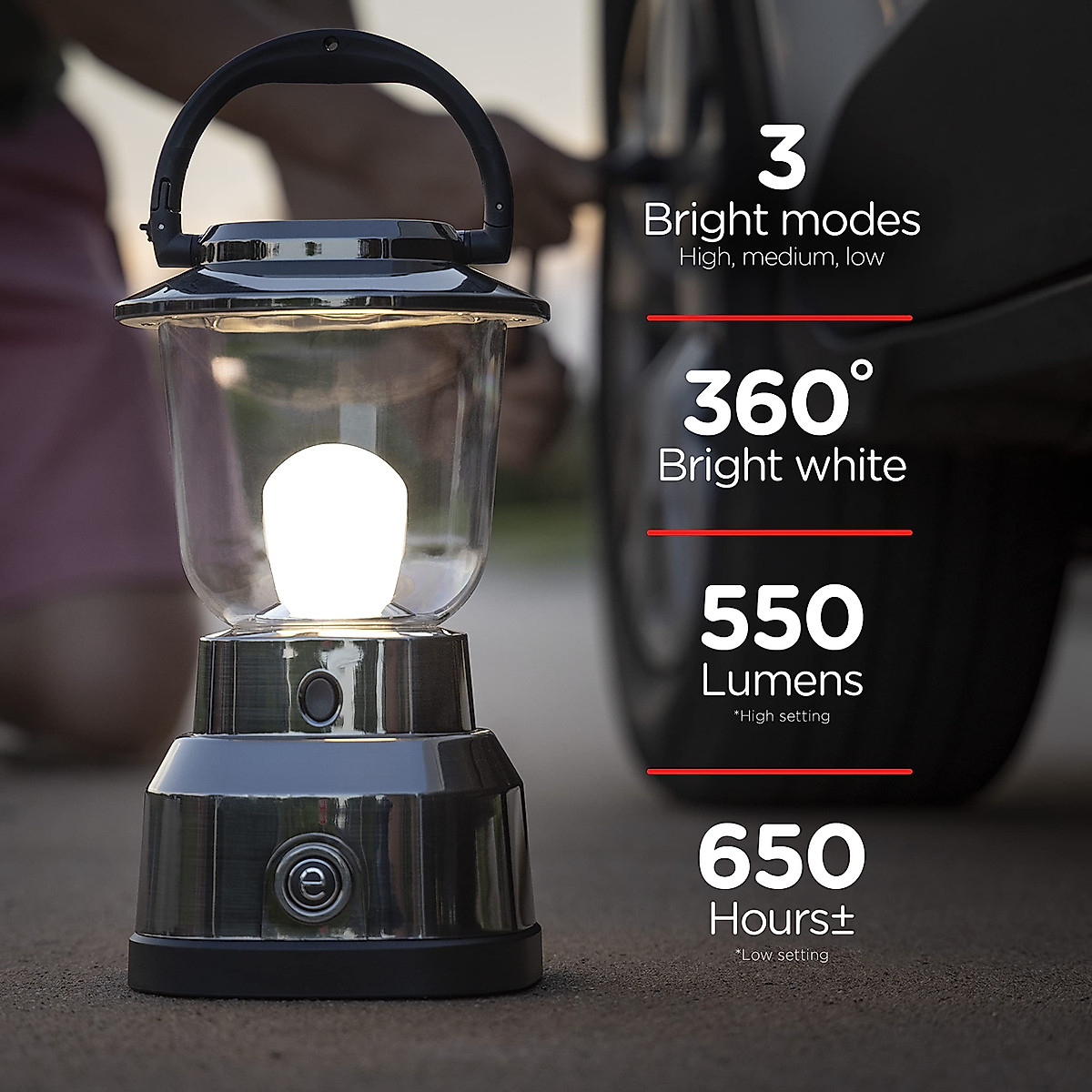Enbrighten Brushed Nickel LED Camping Lantern, Battery Powered, 550 Lumens, 280 Hour Runtime, Carabiner Handle, Hiking Gear, Emergency Light, Blackout, Storm, Hurricane, 14210