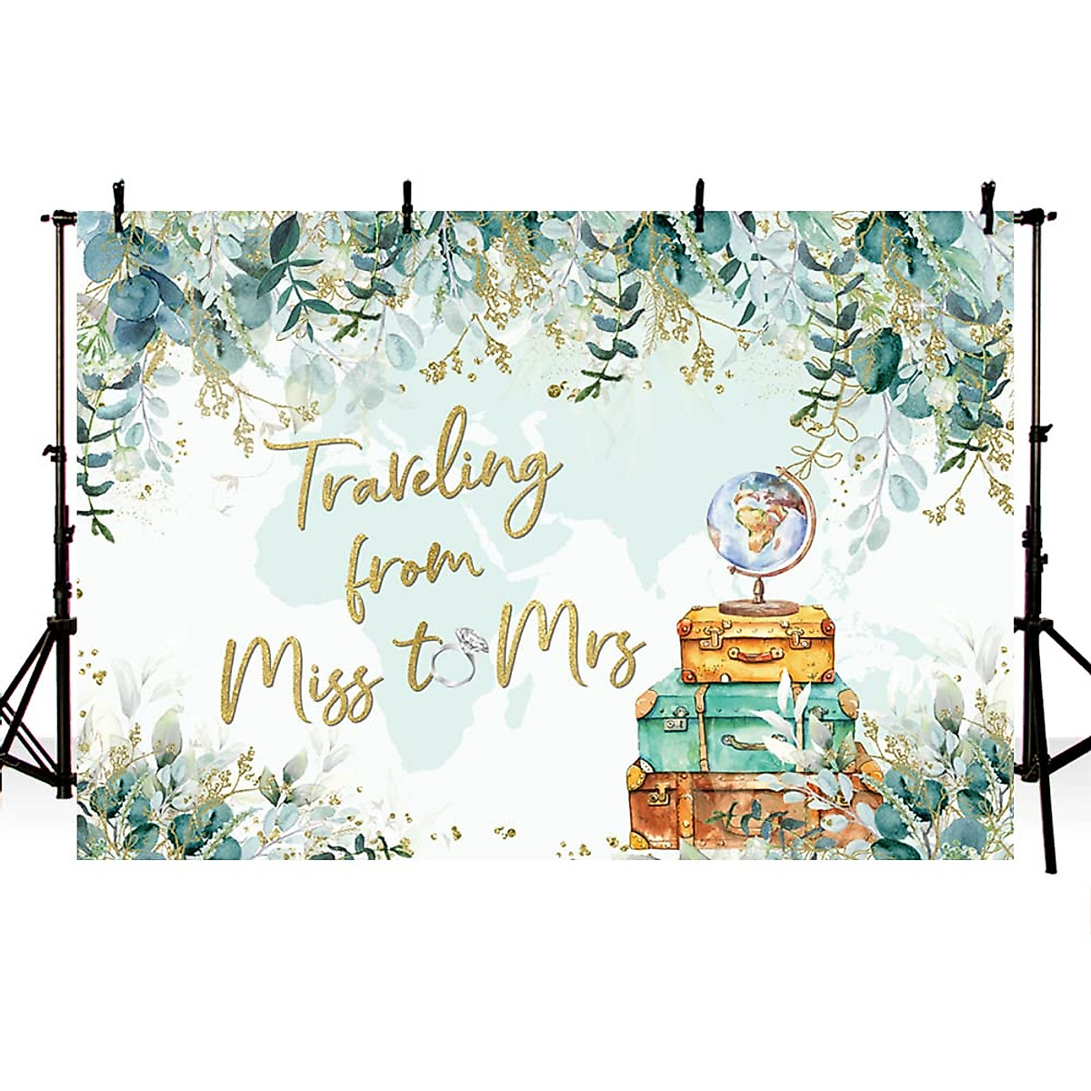 MEHOFOND Miss to Mrs Backdrop Bridal Shower Traveling from Miss to Mrs Banner Greenery Eucalyptus Leaves Adventure Awaits Wedding Supplies Travel Photography Background 7x5ft