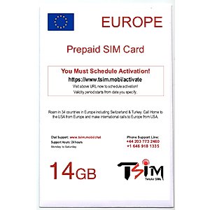 Europe SIM Card 28 Days Holiday with CallHome & Hotspot Tethering. 5G Enabled. Roam in 34 Countries incl Switzerland, Turkey. Works in USA Too. (14GB)