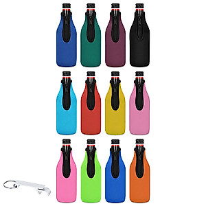 12 Pack Beer Bottle Cooler Sleeves Keep Drink Cold Zip-up Extra Thick Neoprene Insulated Sleeve Cover with Bottle Opener（12 Pack, Multi)