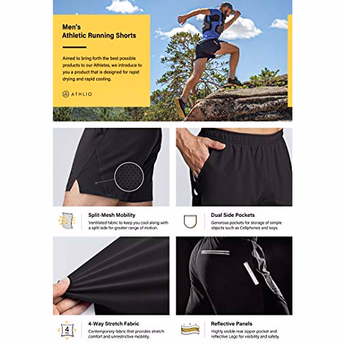 ATHLIO Men's Active Running Shorts, Exercise Workout Shorts, Quick Dry Mesh Sports Athletic Shorts with Pockets, 5 Inches Black/Green, Medium