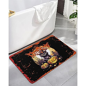 Halloween Bath Mat for Tub,Non Slip Bathroom Floor Runner Rug Quick Dry & Absorbent Diatomaceous Earth Kitchen Room Shower Sink Washable Doormat,Animal Cat Spooky Pumpkin Horror Watercolor 16"x24"