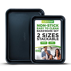 NutriChef Non-Stick Cookie Sheet Baking Pans - 2-Pc. Professional Quality Kitchen Cooking Non-Stick Bake Trays w/ Blue Diamond Coating Inside & Outside, Dishwasher Safe - NutriChef, One Size