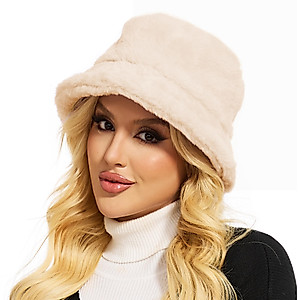 Sydbecs Winter Bucket Hat Fluffy Faux Fur Fisherman Cap for Women Men Solid Color Style(Beige)