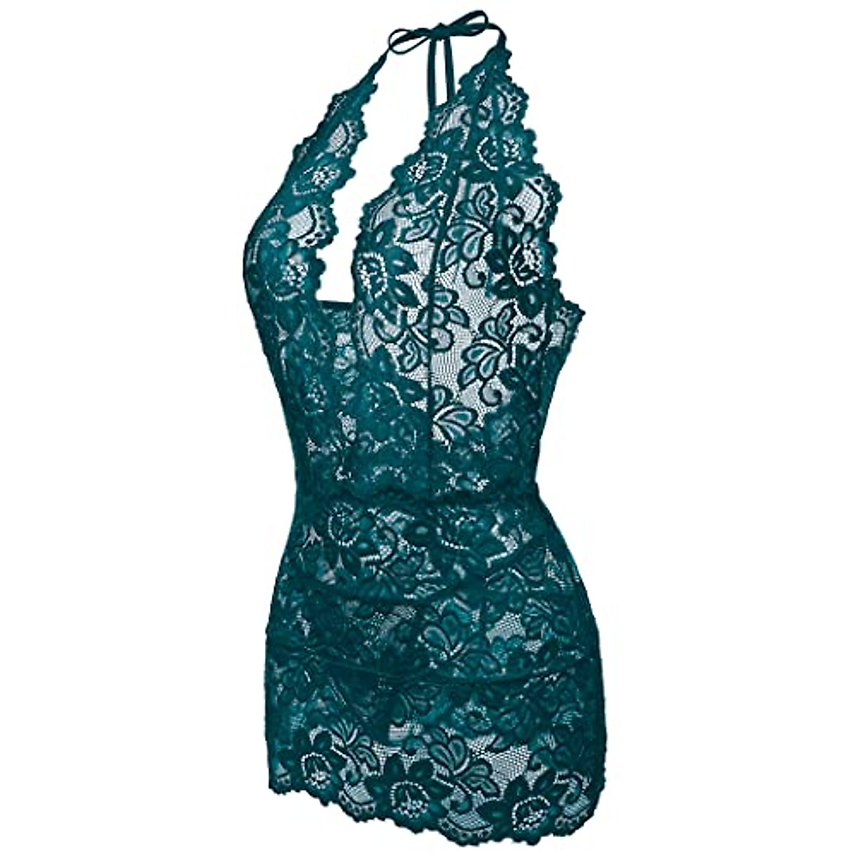 Gladiolus Womens Lingerie Lace Babydoll Sexy Deep V Halter One Piece Lingerie Dress Blue M