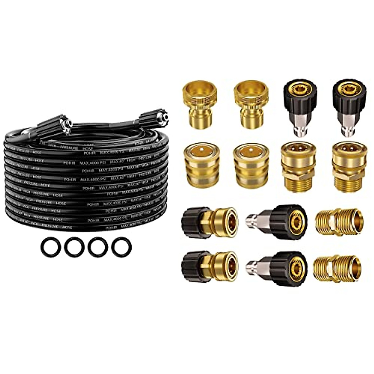 POHIR Pressure Washer Hose 25FT, Kink Resistant Power Washer Hose 1/4 Inch x 25 Feet with M22 14MM Swivel, Pressure Washer Garden Water Hose Adapter 14 Pack Full Set, Power Washer Kit