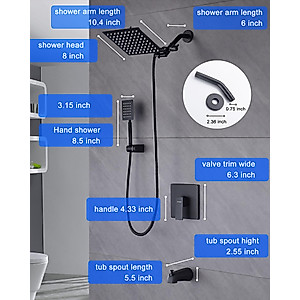 BLTFAUCER Matte Black Dual Bathtub Shower Faucet Set Combo with Handheld and 8 Inch Rainfall Shower Head|Adjustable Extension Shower Arm|Tub Spout|Pressure Balance Rough-in Valve Included