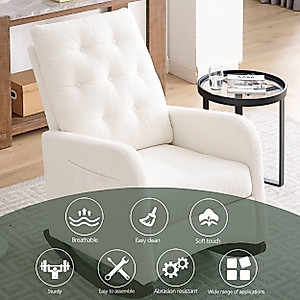 Modern Accent Rocking Chair, Button Tufted Upholstered Glider Rocker for Nursery, Comfy Armchair with Side Pocket, Lounge Chair with High Backrest for Living Room, Bedroom, Office (White Teddy)