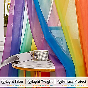 RYB HOME Rainbow Valance Curtains for Living Room- Bright Window Scarf Valance for Canopy Bed Patio Frame Birthday Party Backdrops Table Runner, W 60 in x L 216 in per Panel, 2 Panels, Rainbow