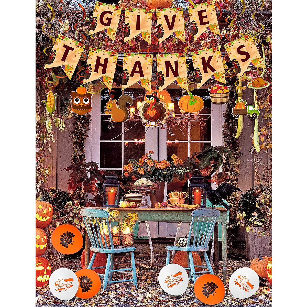 34 Pieces Thanksgiving Party Decorations Set - Fall GIVE THANKS Banner Autumn Theme Hanging Swirls Honeycomb Paper Balloons Maple Leaves Confetti Decor Supplies Cutouts
