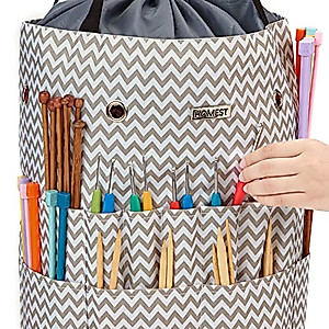 HOMEST Large Crochet Bag with Customized Front Compartment for Knitting Accessories, Yarn Storage with 6 Oversized Grommets, Tote Organizer with Drawstring Closure, Ripple