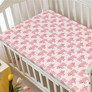 Pig Themed Fitted Mini Crib Sheets,Portable Mini Crib Sheets Soft and Breathable Bed Sheets-Crib Mattress Sheet or Toddler Bed Sheet,24“ x38“,Pale Pink and Rose