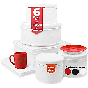 LAMINET 6 Piece Quilted Dinnerware Storage Starter Set - Includes 4 Plate Cases, 1 Cup Case & Platter Case - White