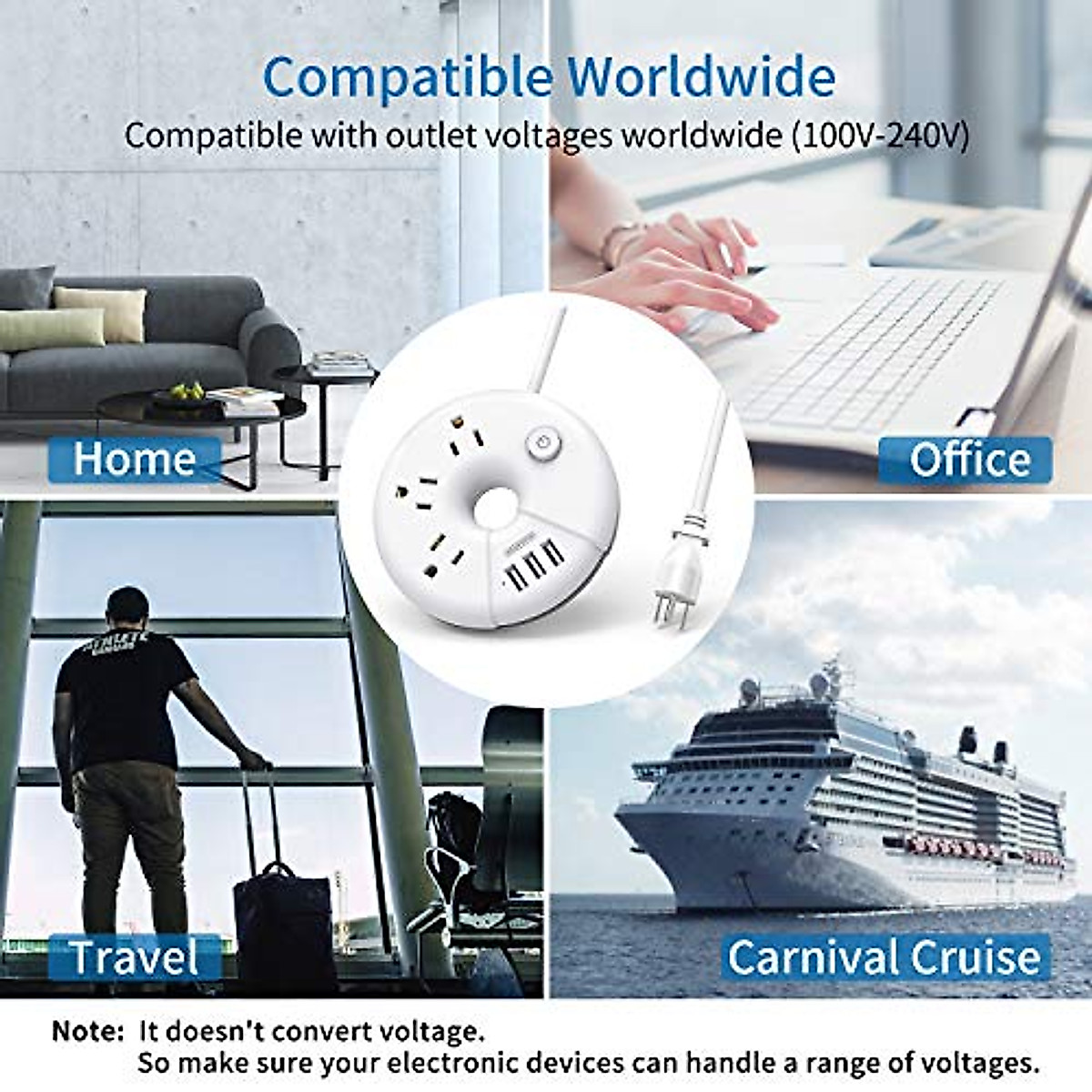 Travel Power Strip with USB Ports, NTONPOWER Cruise Approved Power Strip with 3 Outlet 3 USB, 5 ft Extension Cord with USB Ports, Compact for Indoor Home Office Dorm Room Cruise Essentials, White