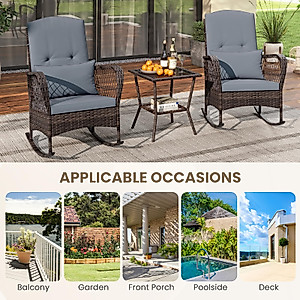 ORALNER 3 Pieces Patio Furniture Wicker Rocker Set, Outdoor Rocking Chairs with Cushions, Pillows, Glass Coffee Table, Rattan Bistro Set for Balcony Front Porch Poolside Garden Deck (Grey)