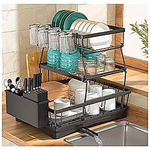 7 code 3-Tier Large Dish Racks for Kitchen Counter,Dish Drying Rack,Detachable Large Capacity Dish Drainer Organizer with Utensil Holder, Cup Holder,Dish Drying Rack with Drain Board ,Black