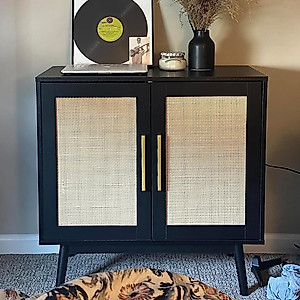 LYNSOM Rattan Storage Cabinet with Doors and Shelves, Natural Rattan Sideboard and Buffet with Storage, Free Standing Accent Cabinet for Entryway, Living Room, Office, Black